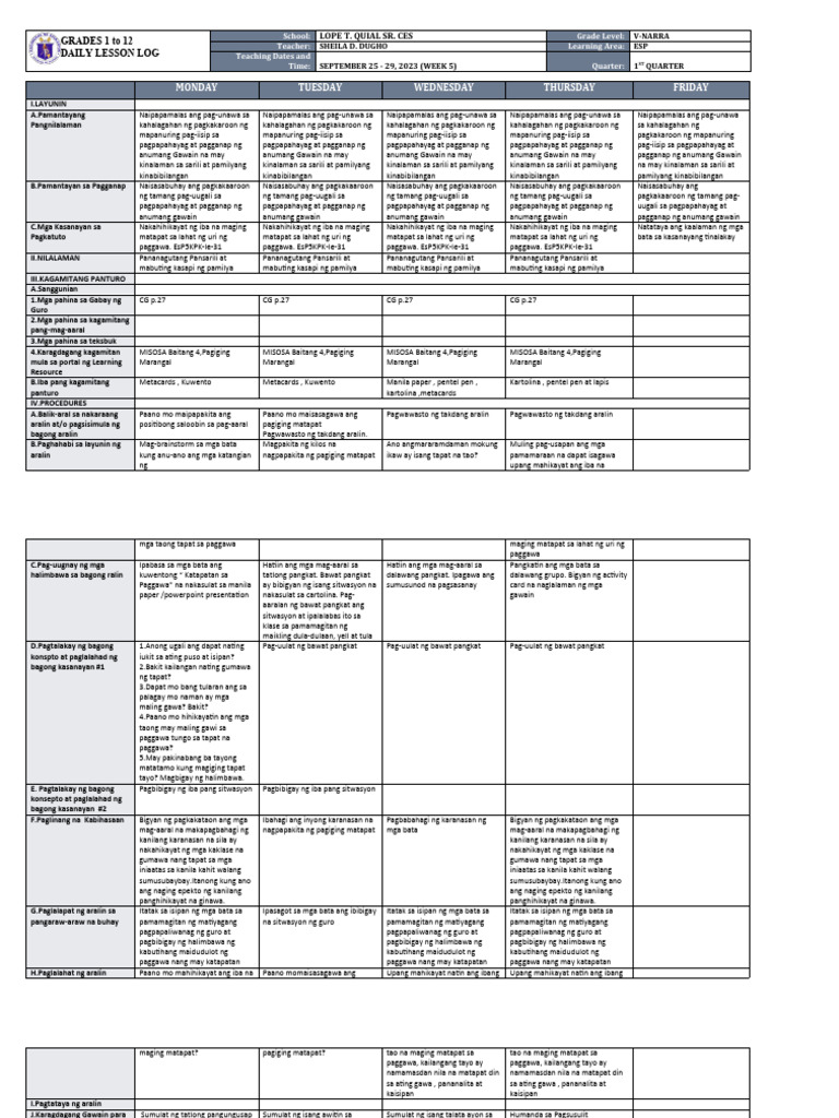 DLL - Esp 5 - Q1 - W5 | PDF