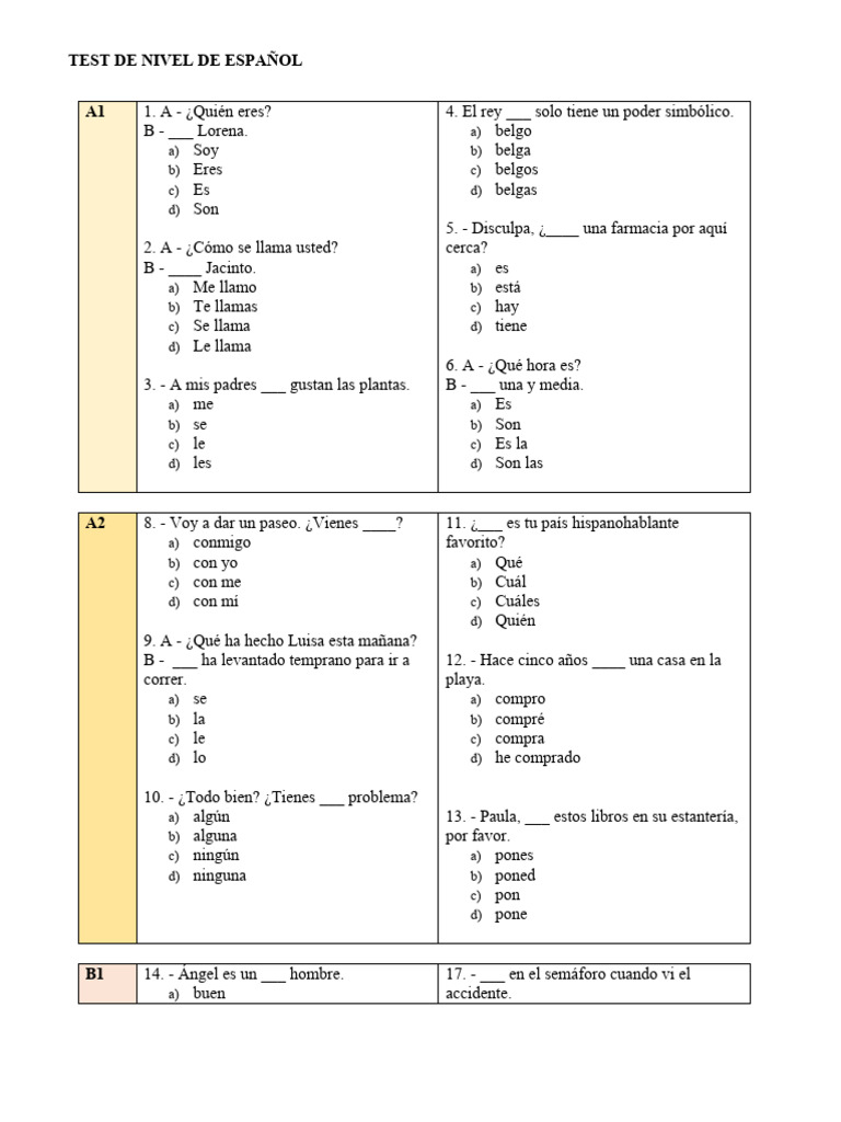 Prueba de Nivel de Español | PDF