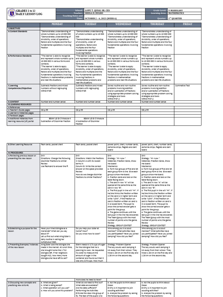 DLL Mathematics 5 q1 w6 | PDF | Learning | Flashcard