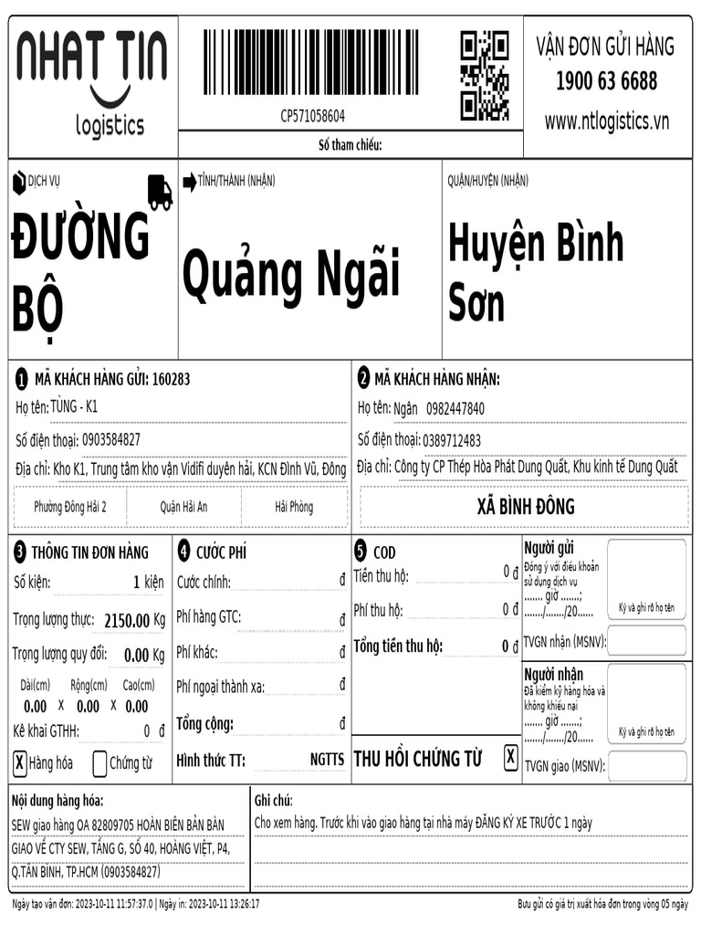 Bill NT CP571058604 Cty Emt Dung Quat Quang Ngai | PDF