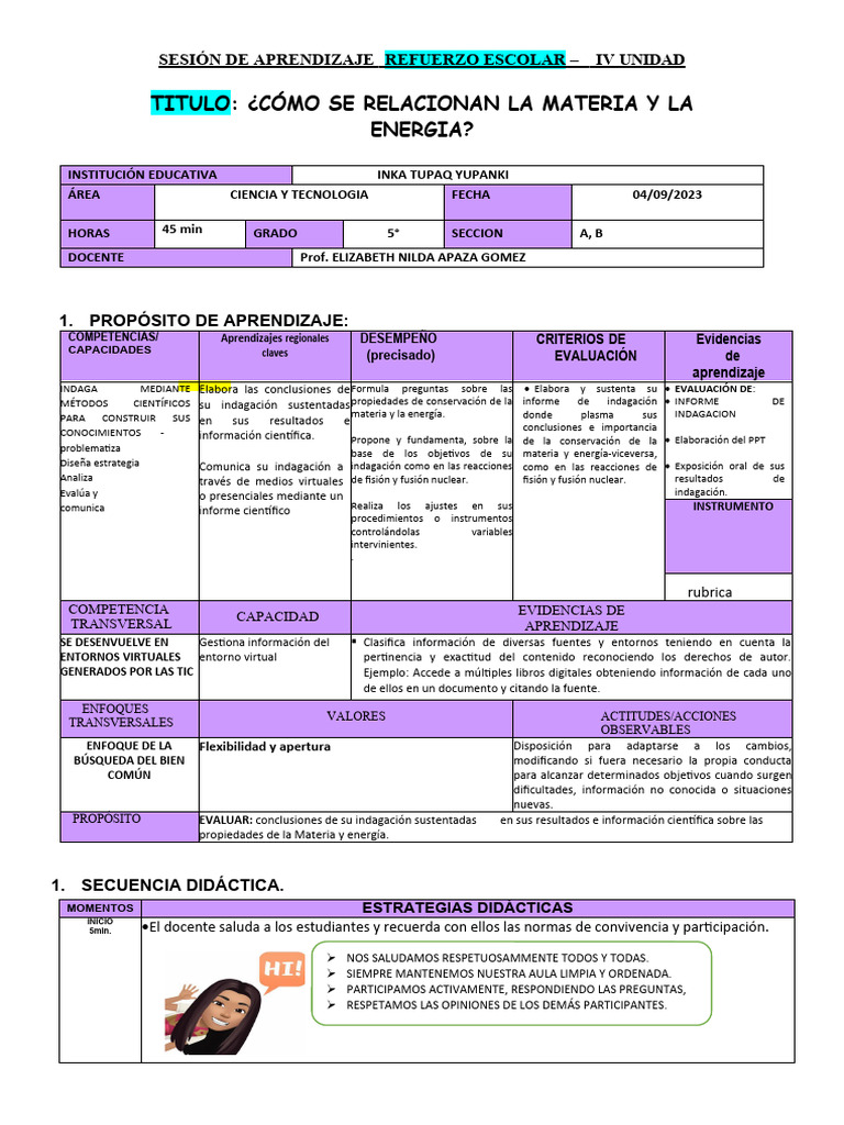 SESIÓN DE APRENDIZAJE refuerzo escolar | PDF