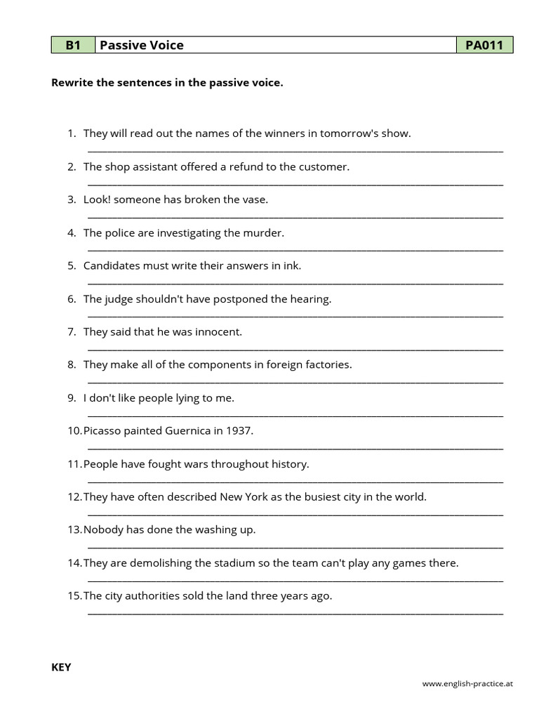 Active To Passive Voice - PDF Grammar Worksheet - B1 - PA011 | PDF | Linguistics