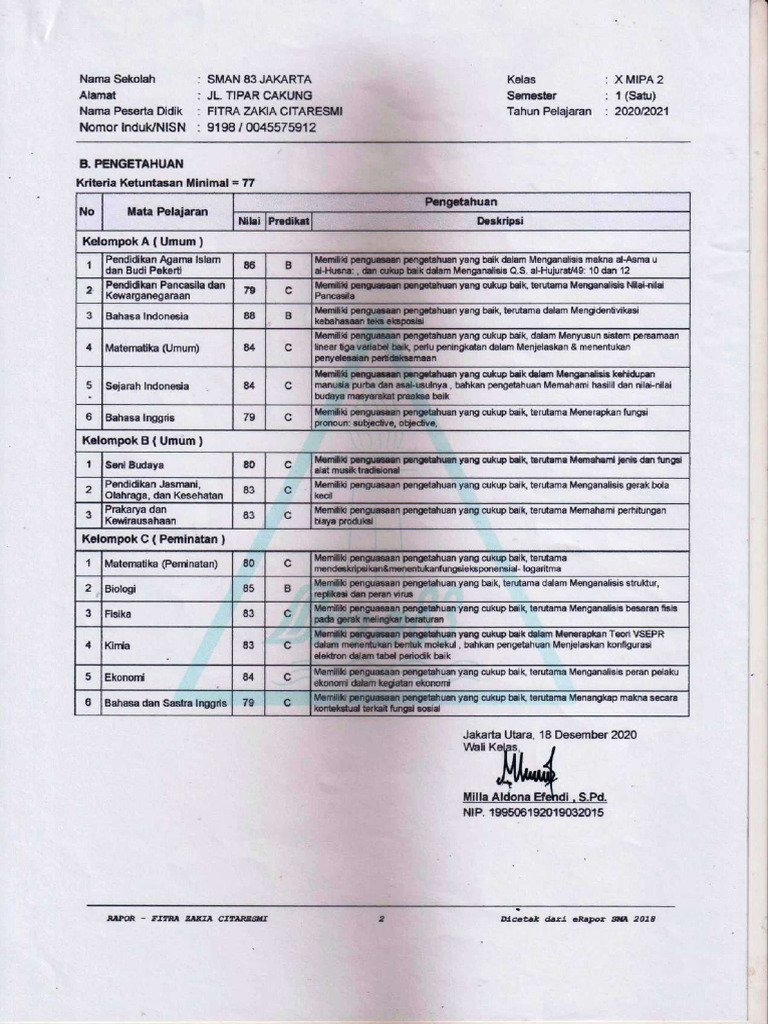 Nilai Raport Sem I - V (Nilai Pengetahuan) | PDF