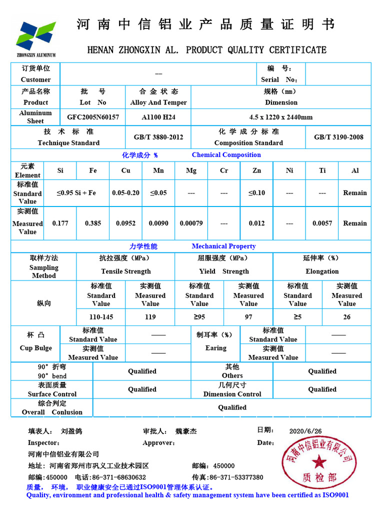 MTC of A1100 H24 Aluminum Sheet | PDF