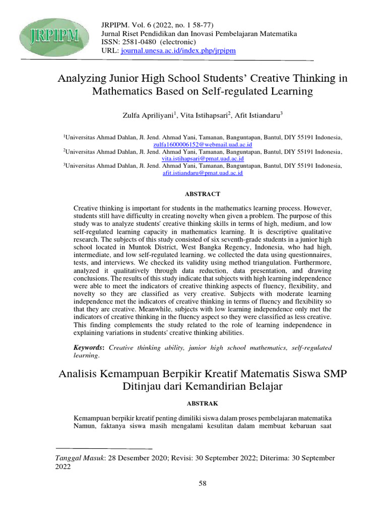 Analyzing Junior High School Students' Creative Thinking in Mathematics ...