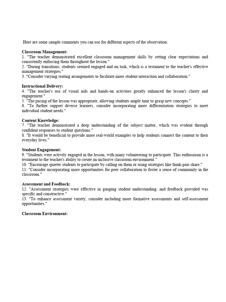 Here Are Some Sample Comments For Observations | PDF | Teachers ...