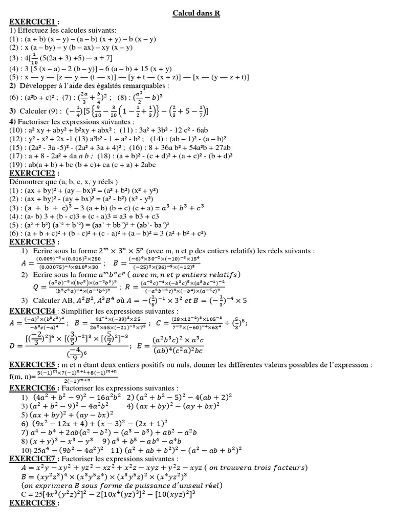 Exercices de Calcul dans R | PDF | Objets mathématiques | Arithmétique