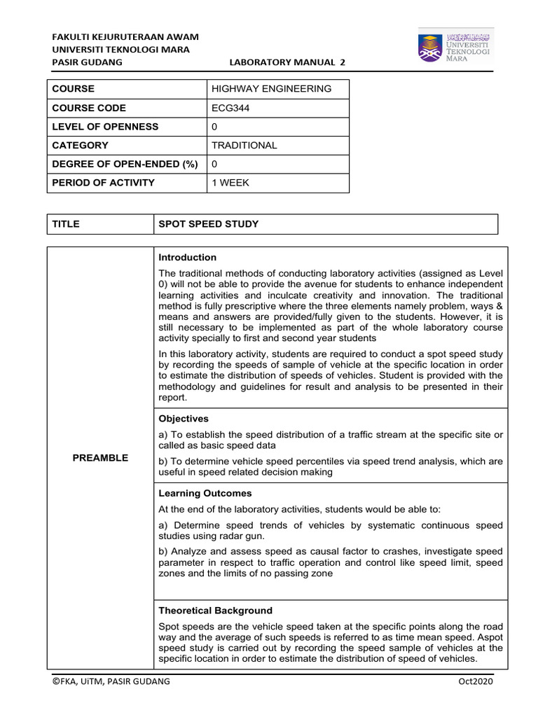 Lab 2 - Spot Speed Study (L0) | PDF | Traffic | Speed Limit