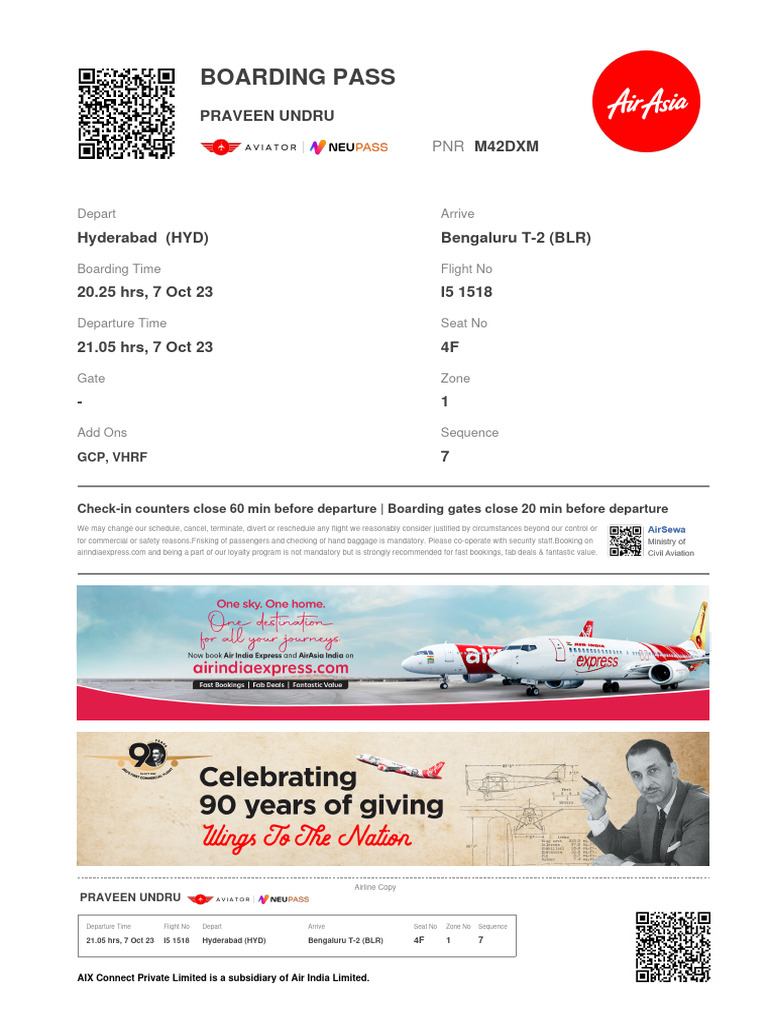 Boarding - Pass (HYD BLR) 2 | PDF