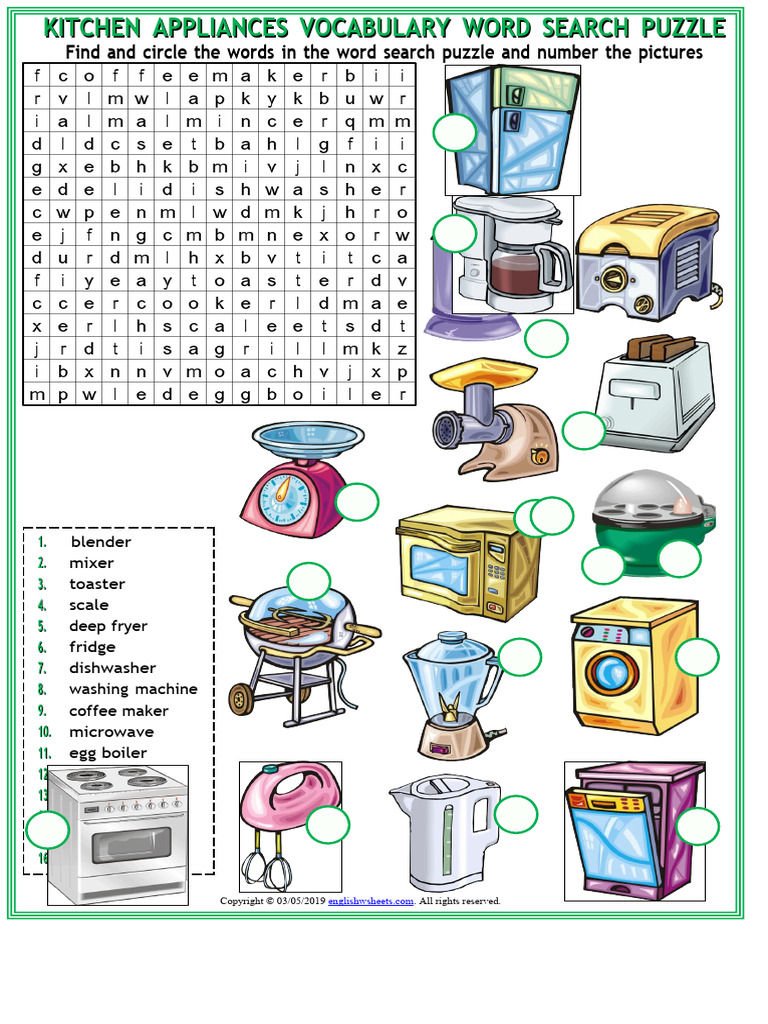 kitchen appliances vocabulary esl word search puzzle worksheet for kids ...