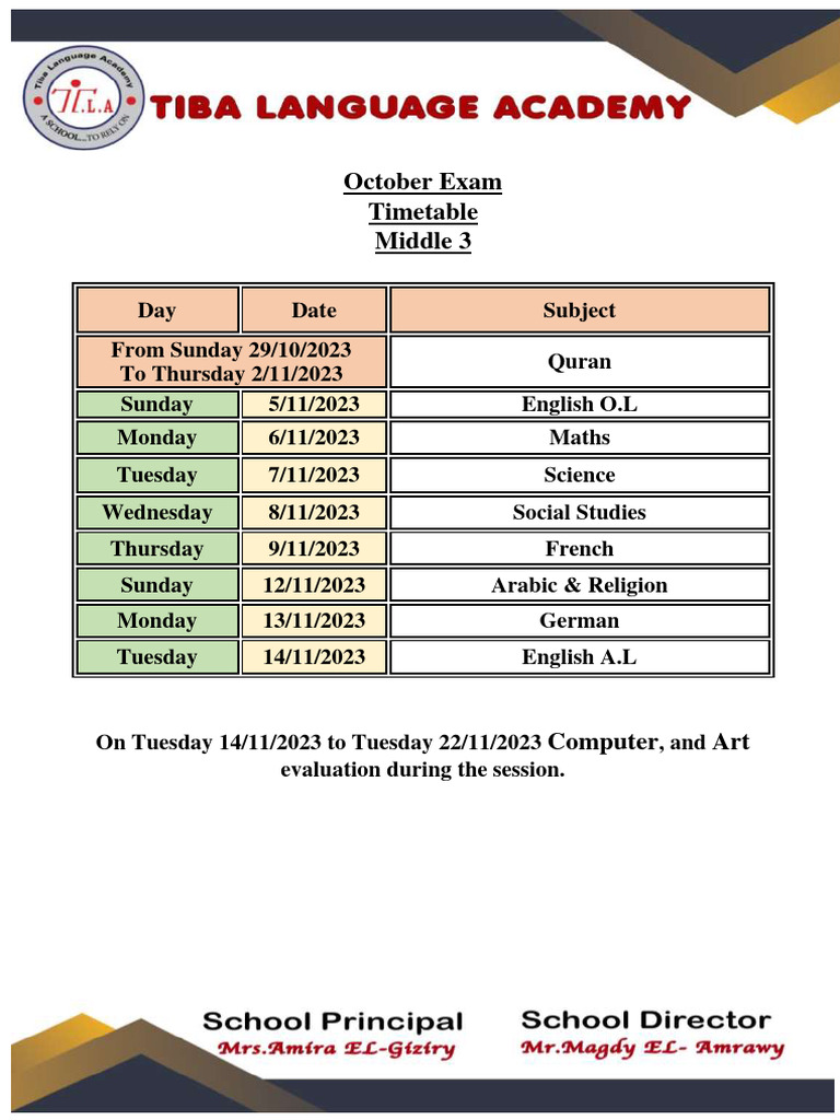 October Exam Timetable Middle 3 | Download Free PDF | Science | Mathematics