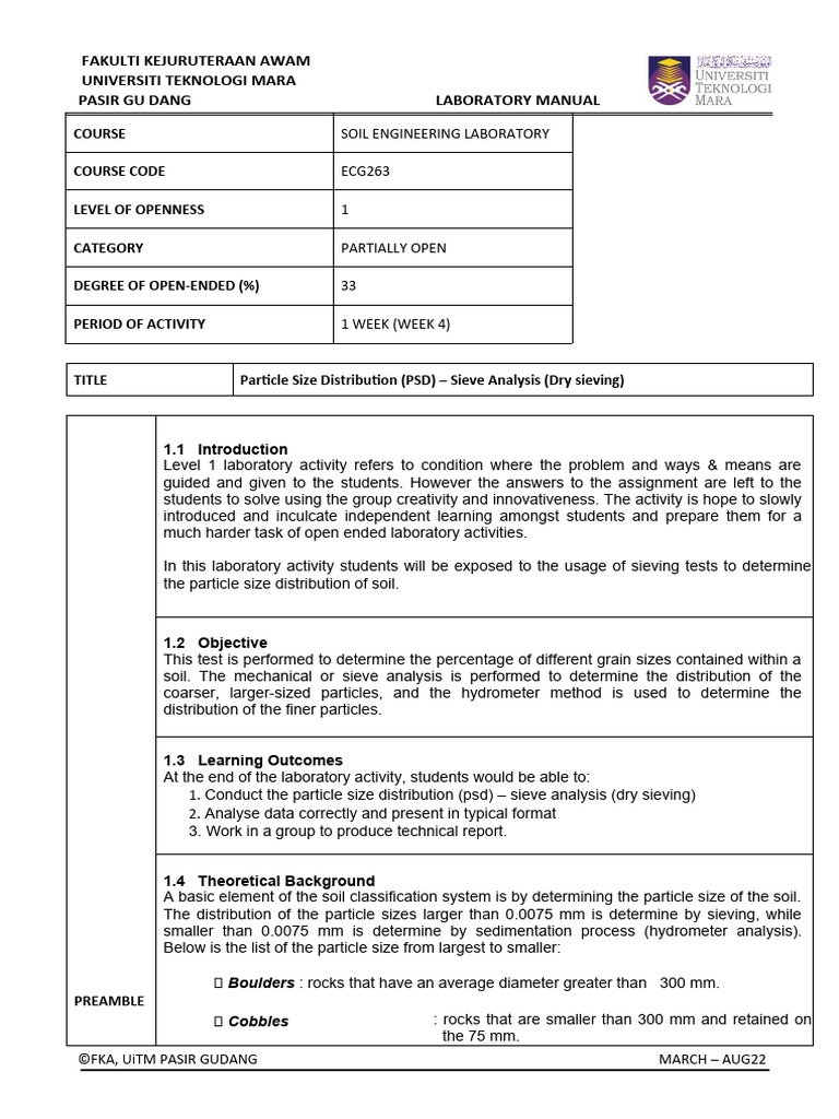 Lab 3 Psd Dry Sieving Level 1 Pdf Particle Size Distribution Silt