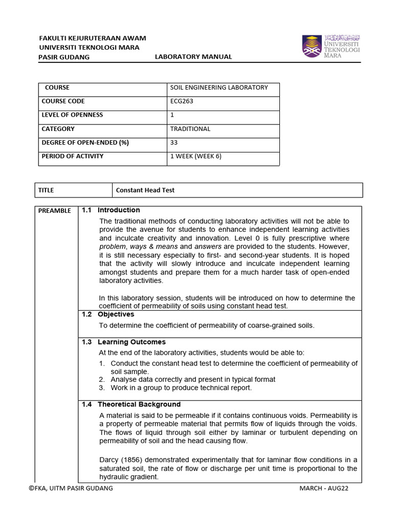 Constant Head Permeability Test Report | PDF | Permeability (Earth ...