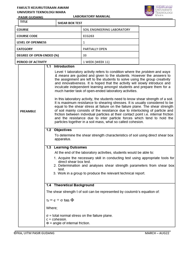 LAB 10 - SHEAR BOX TEST (Level 1) | PDF | Shear Stress | Stress (Mechanics)