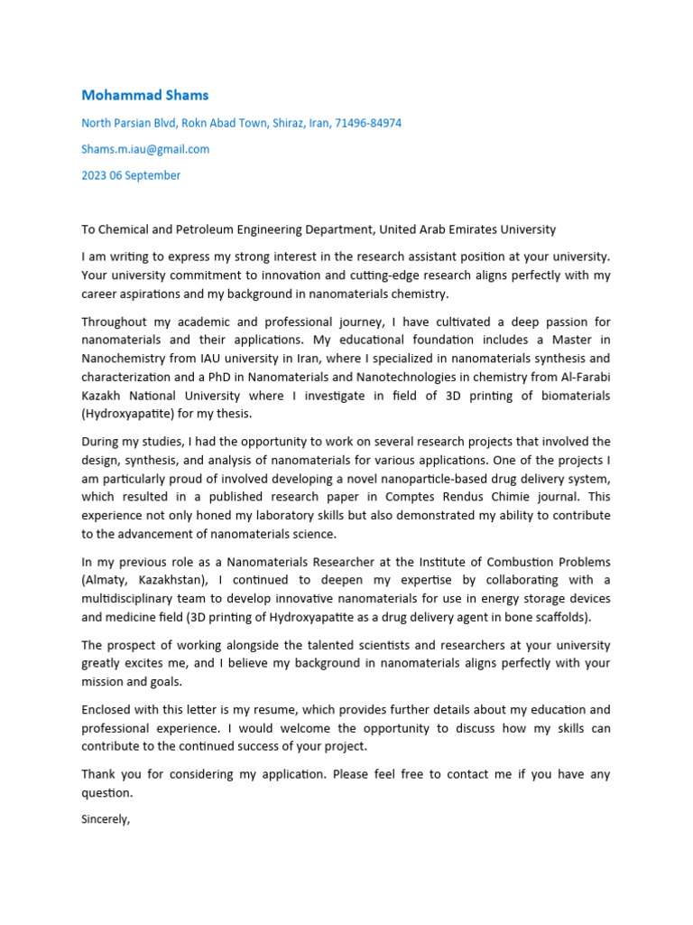 Application for Nanomaterials Research Assistant | PDF
