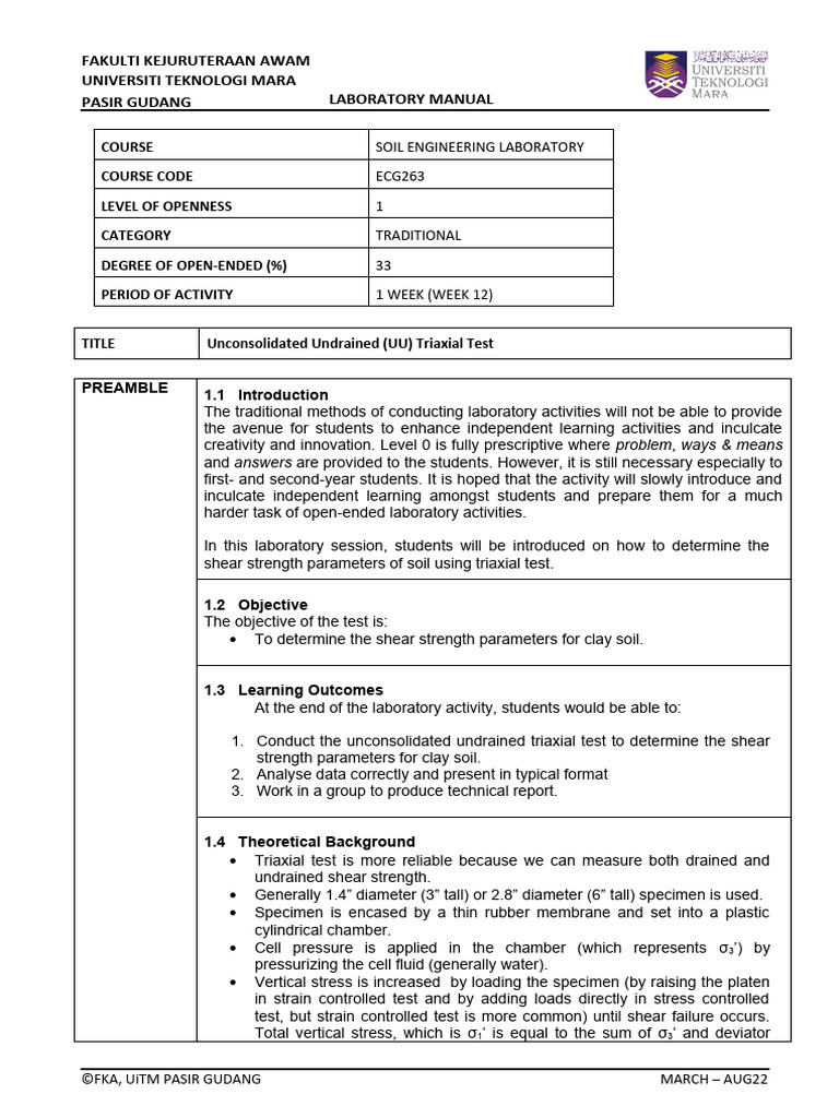 LAB 11 - UU TRIAXIAL TEST (Level 1) | PDF | Applied And ...
