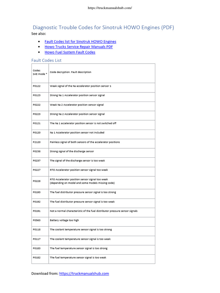 Diagnostic Trouble Codes For Sinotruk HOWO Engines PDF | PDF | Throttle ...