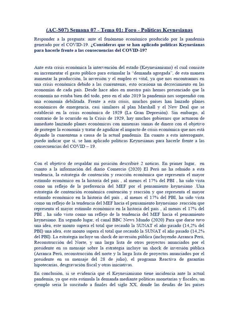 ECONOMIA GENERAL - (AC-S07) Semana 07 - Tema 01 Foro - Políticas Keynesianas | PDF | Gran ...