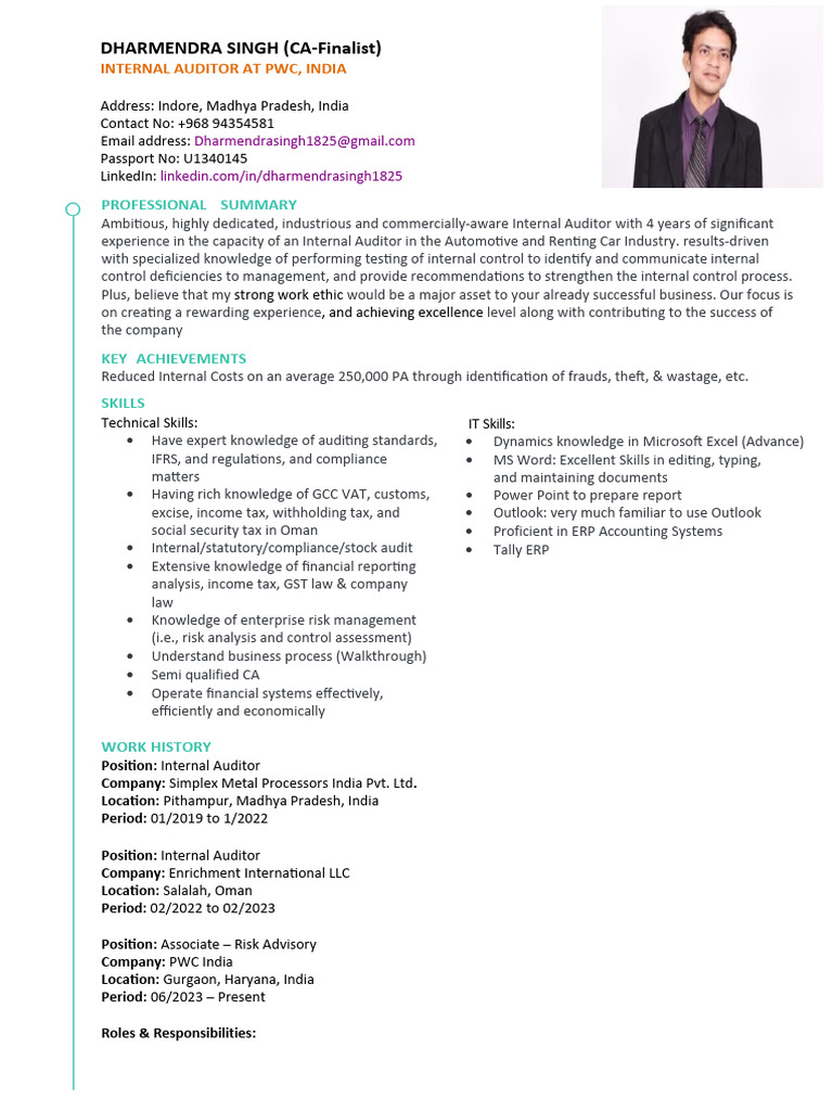 Dharmendra Singh CV For Internal Audit Profile | PDF | Audit | Internal Audit