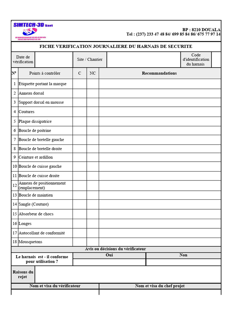 Fiche de Vérification Harnais de Sécurité | PDF
