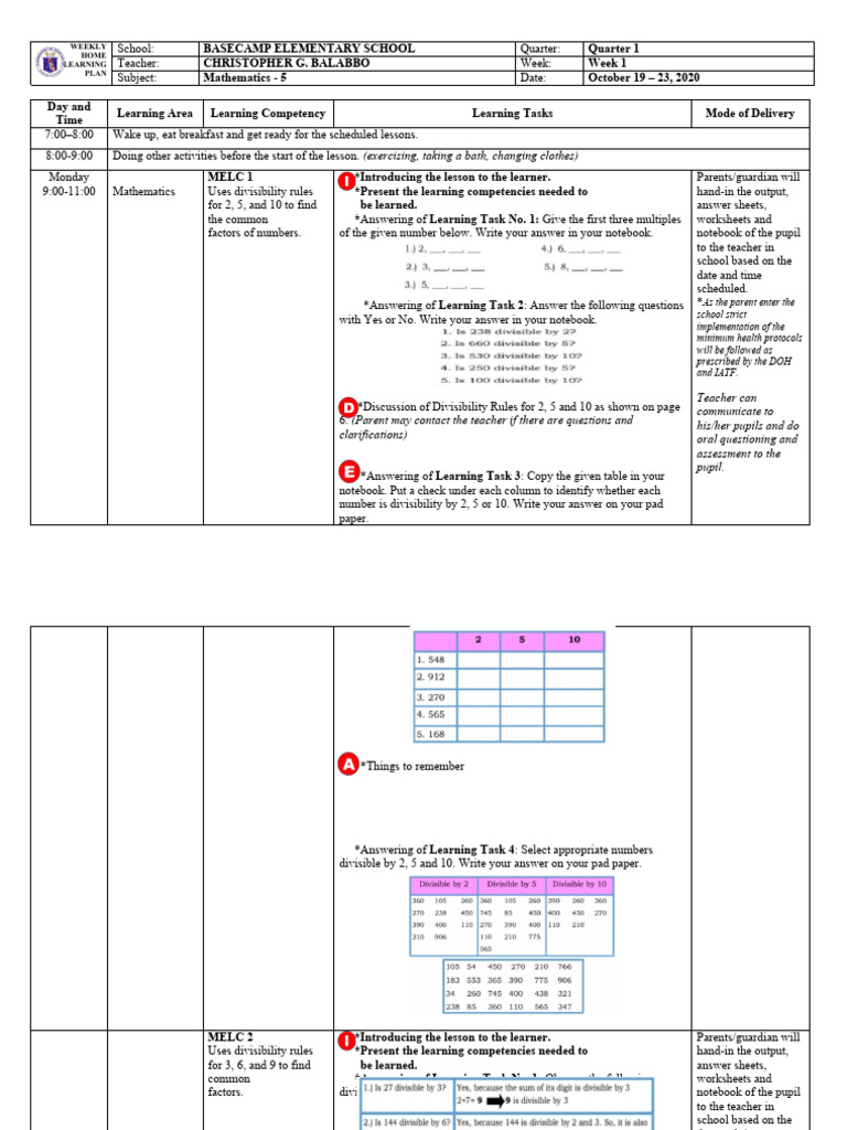 WHLP Grade 5 Mathematics Week 1 | PDF | Worksheet | Learning