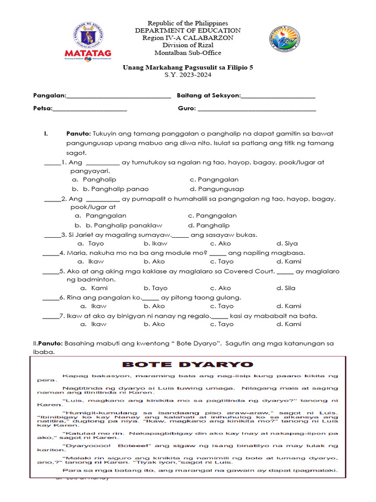 FILIPINO 5 -1ST PERIODICAL TEST | PDF