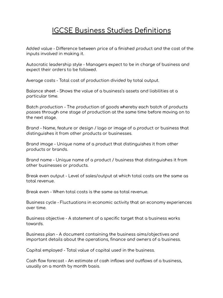 IGCSE Business Studies Definitions | PDF | Business | Franchising