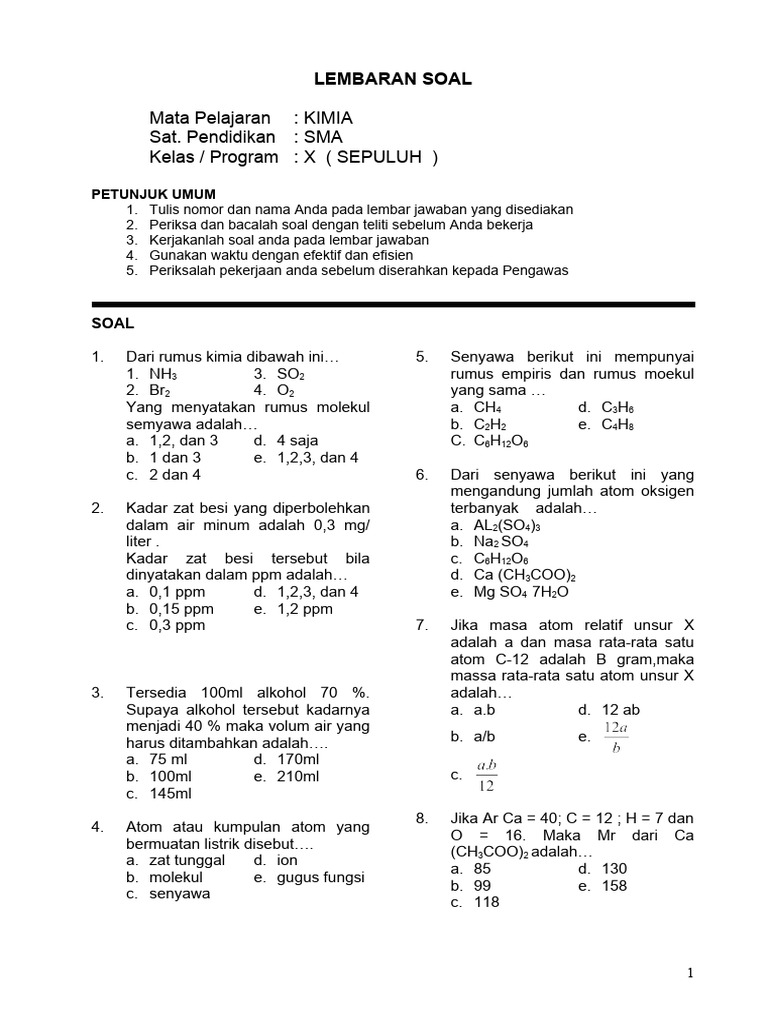 Soal Ujian Kimia Kelas 10 SMA | PDF | Sains & Matematika