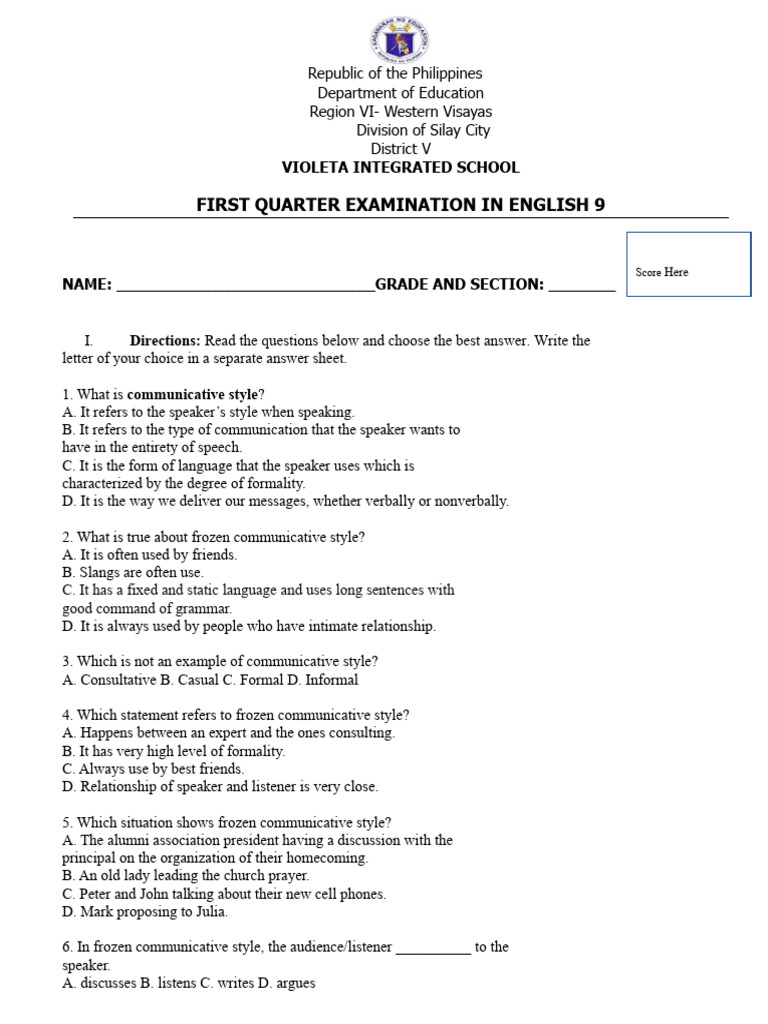 q1 Exam in Eng9 | PDF | Slang | Communication