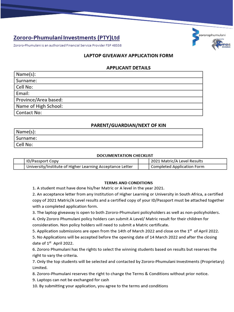 Laptop Giveaway Application Form 2022 | PDF