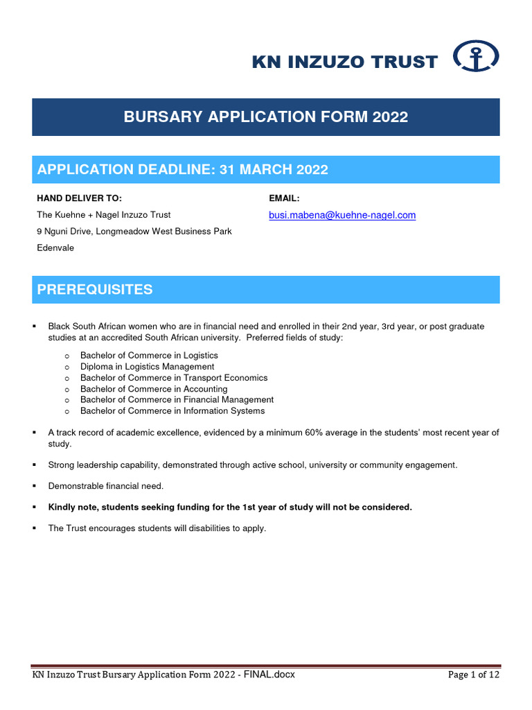 KN Inzuzo Trust Bursary Application Form 2022 - FINAL | PDF | Entrepreneurship | Information