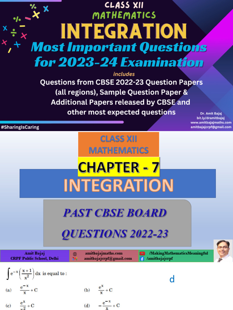 Class XII INTEGRATION Most Important Questions For 2023-24 Examination ...