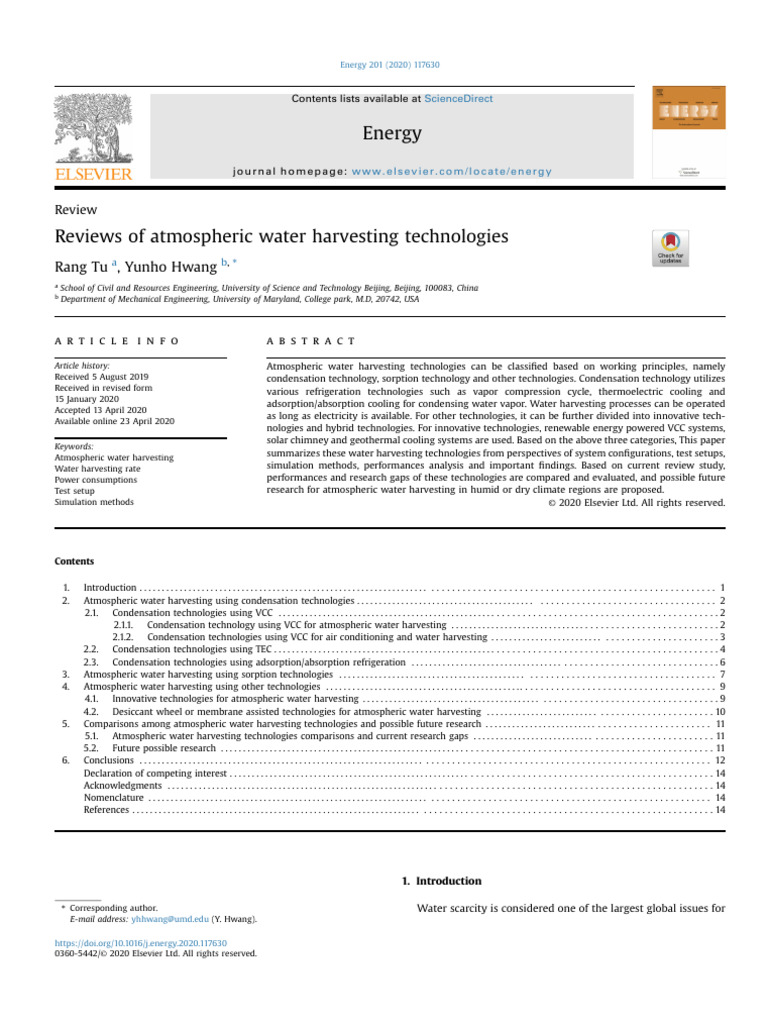 Review On Atmospheric Water Harvesting Technologies | PDF | Humidity | Water