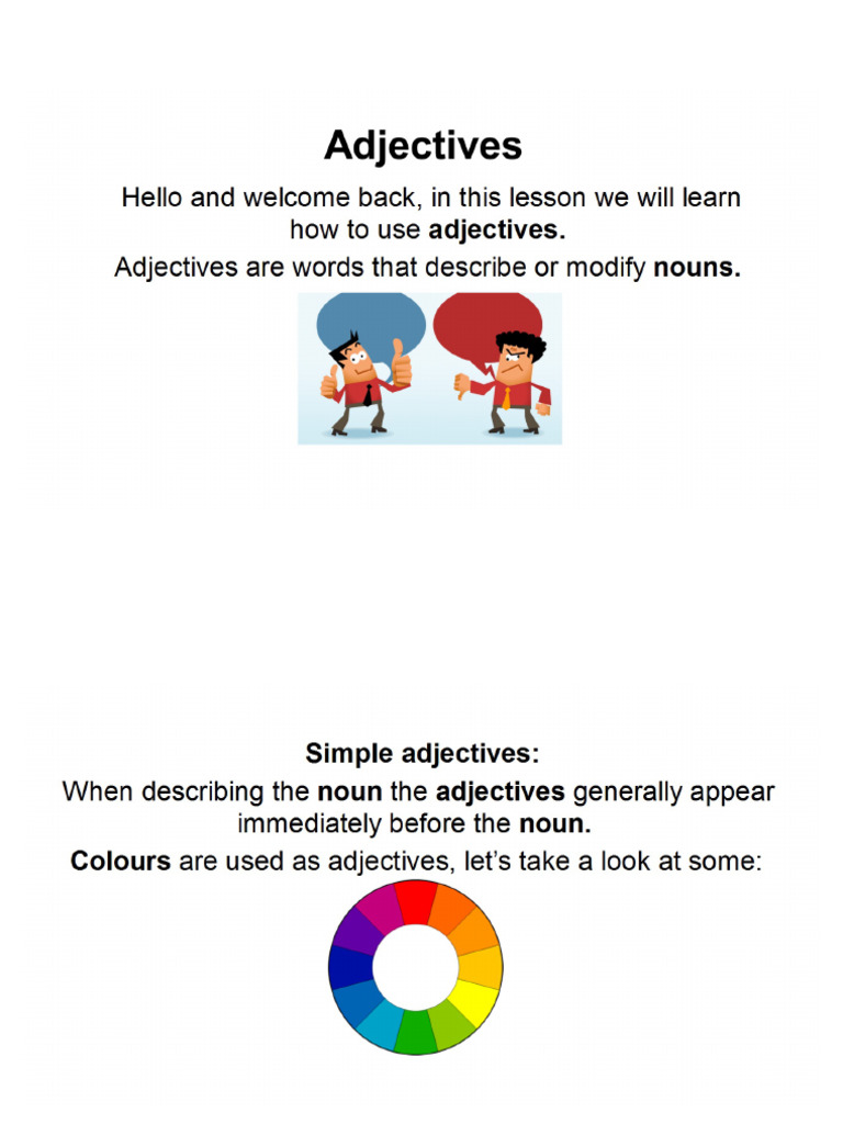 Adjectives. Comparative and Superlative Adjectives. Colours | PDF