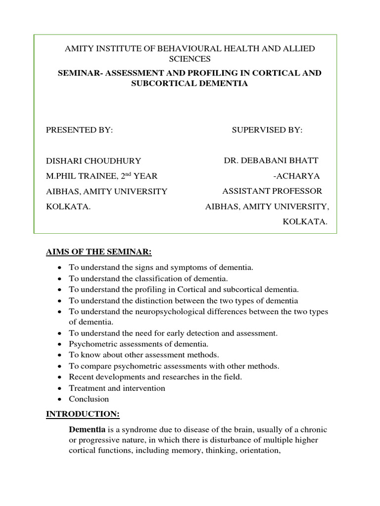 Seminar Handout On Assessment and Profiling in Dementia-1 | PDF ...