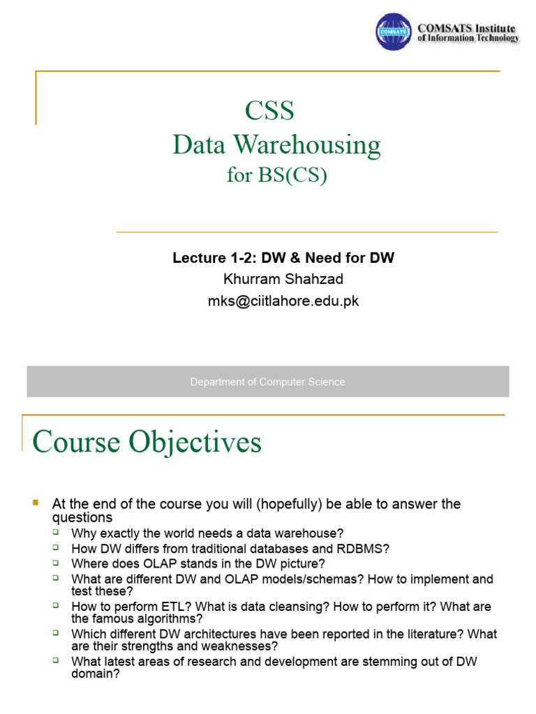 Data Warehousing Course Overview | PDF | Data Warehouse | Information ...