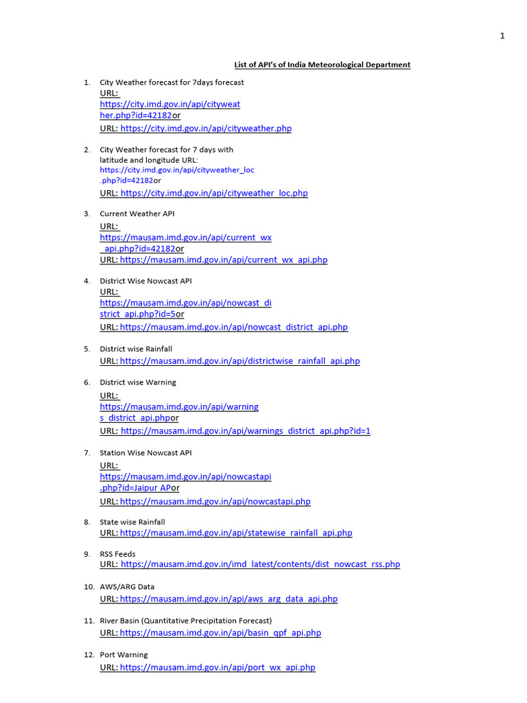 IMD Weather API Documentation List | PDF | Computers
