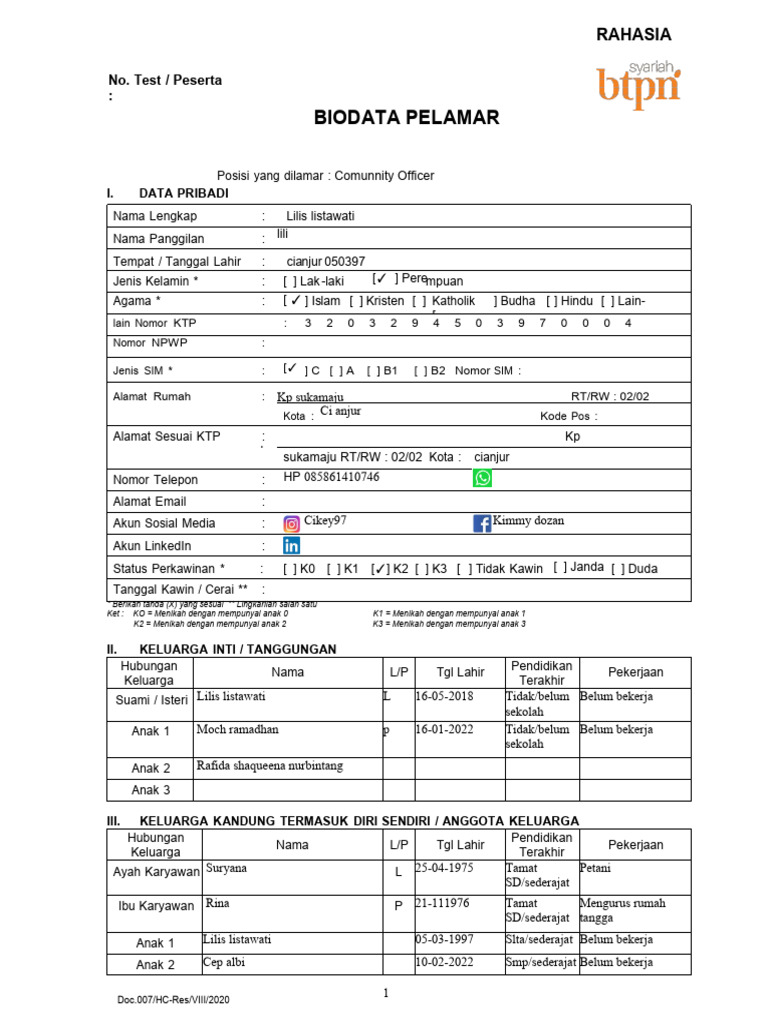 1.form Biodata Pelamar Community Officer PT. Bank BTPN Syariah | PDF