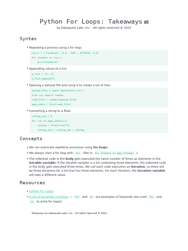 Mission 609 Python For Loops Takeaways | PDF | Teaching Methods & Materials | Computers