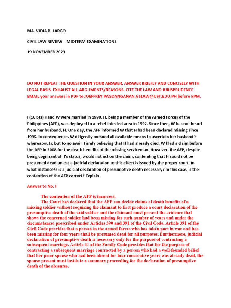 Midterms Civil Law Rev With Questions | PDF | Marriage | Child Custody