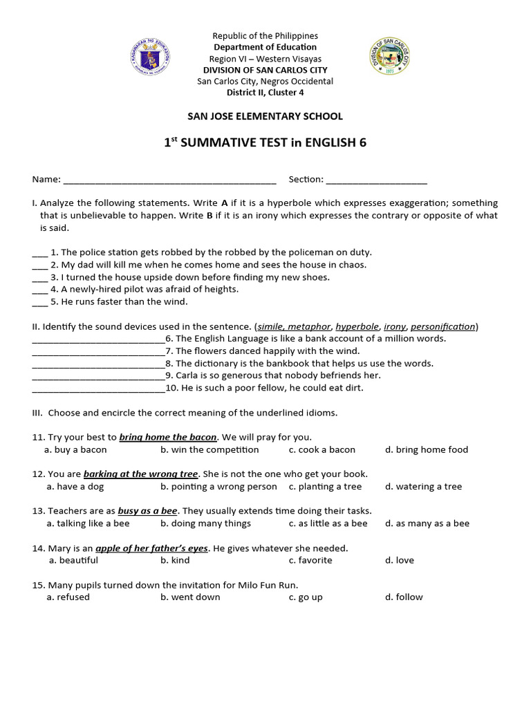 English 6 Summative Test on Figures of Speech | PDF | Linguistics ...