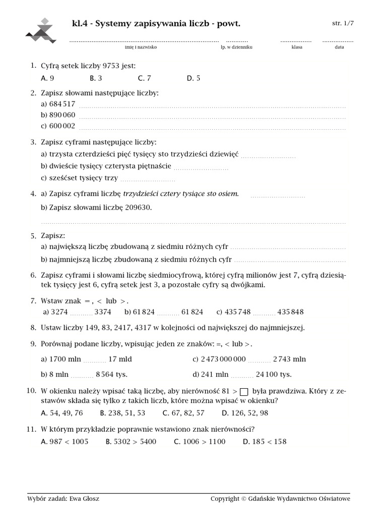 Klasa 4 Zadania Powtórzeniowe Systemy Zapisywania Liczb | PDF