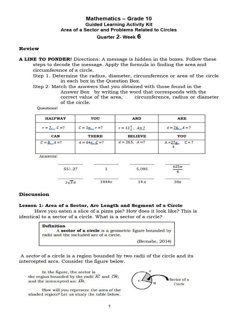 Math10 Q2 W6 QA. Edit | PDF | Area | Circle
