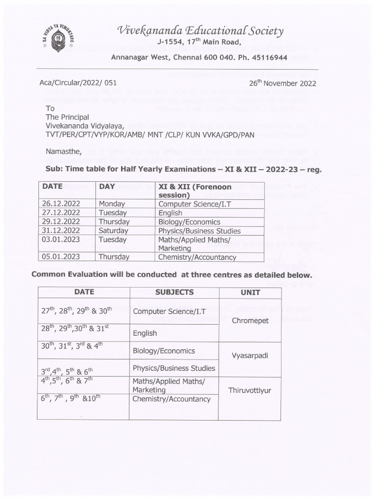 051 - Half Yearly Examinations - XI - XII - 2022-23 | PDF