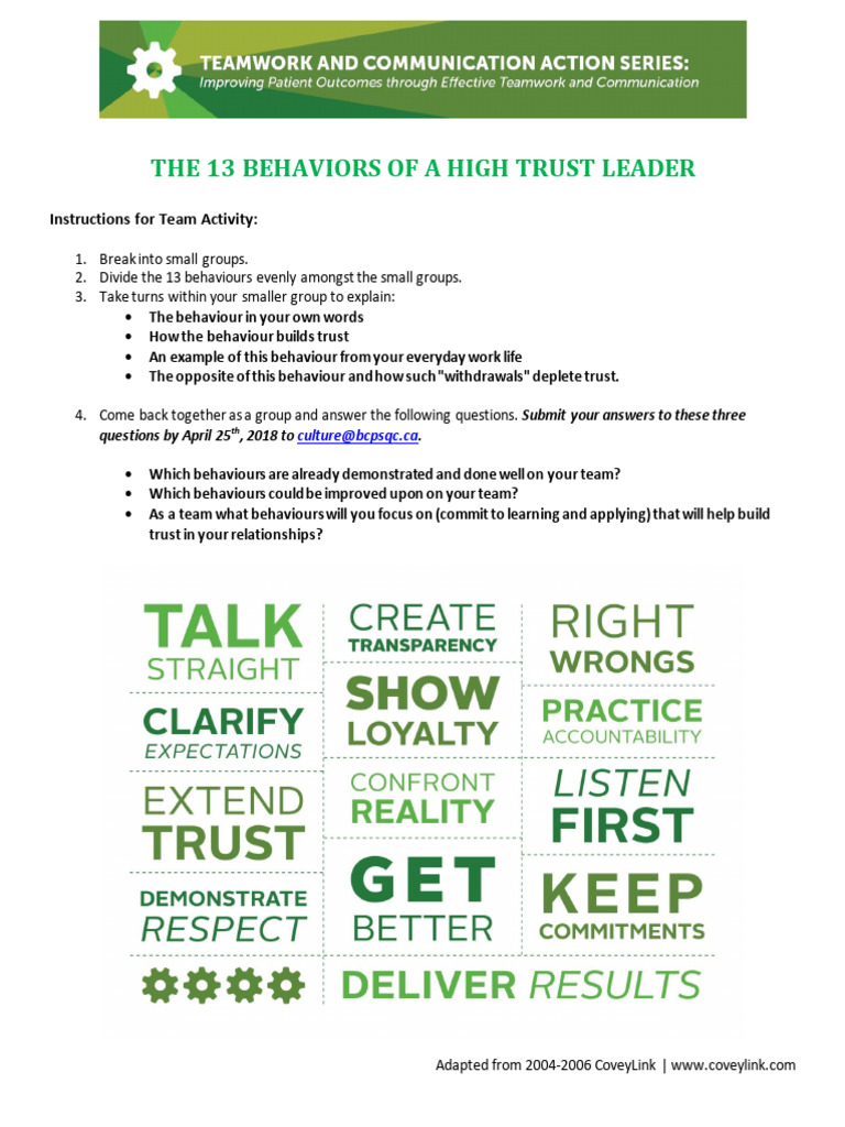 The 13 Behaviours of A High Trust Leader | PDF | Behavior | Truth