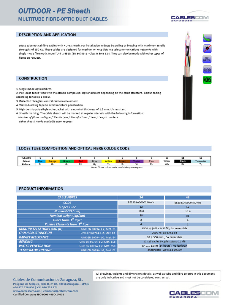 24fo 2x12 Duct Loose Tube Fiber Optic Cable SM G 652 D | PDF | Optical ...