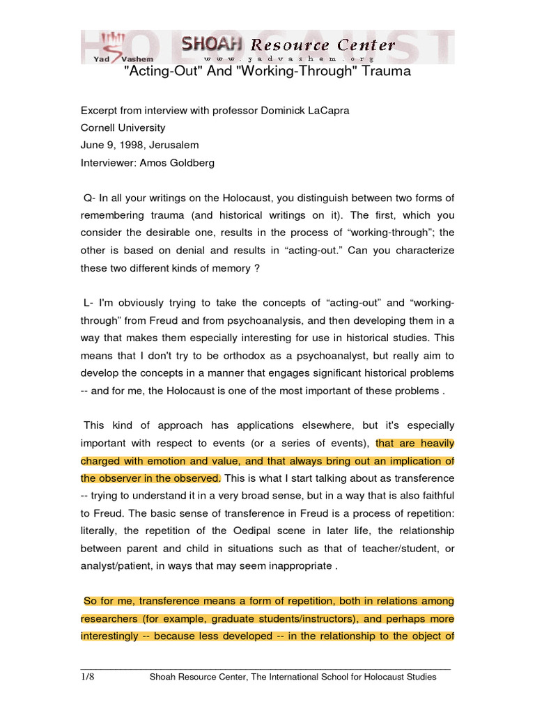 Trauma Memory: Acting-Out vs. Working-Through | PDF | Psychoanalysis ...