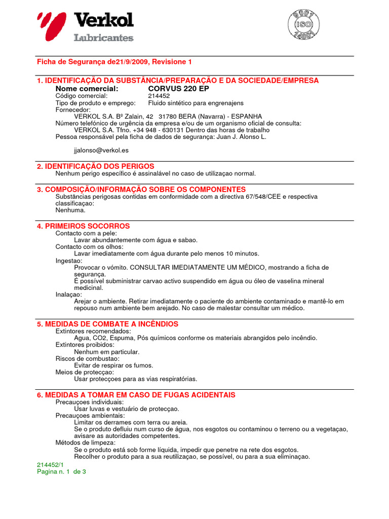 MSDS verkol-lubrificantes-tÃ©cnicos-ltda-Ã"leo-corvus-220-ep | PDF ...