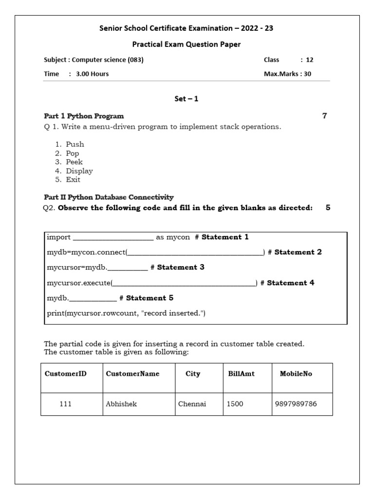 12th - Main - Practical Exam Question Paper | PDF | Databases | Computer Program