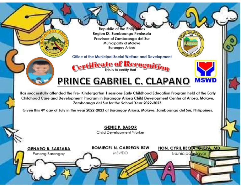 ECCD Certificate of Completion - Barangay Ariosa | PDF